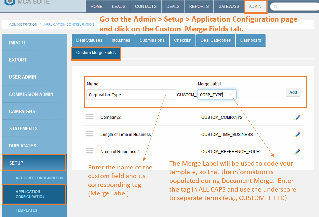 MCA Suite custom fields for document merge : MCA Suite